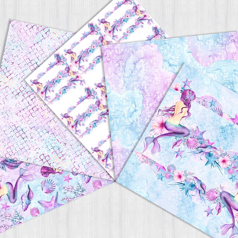 Mermaid Paper Pack Watercolor Sea Scrapbook Underwater Background ...