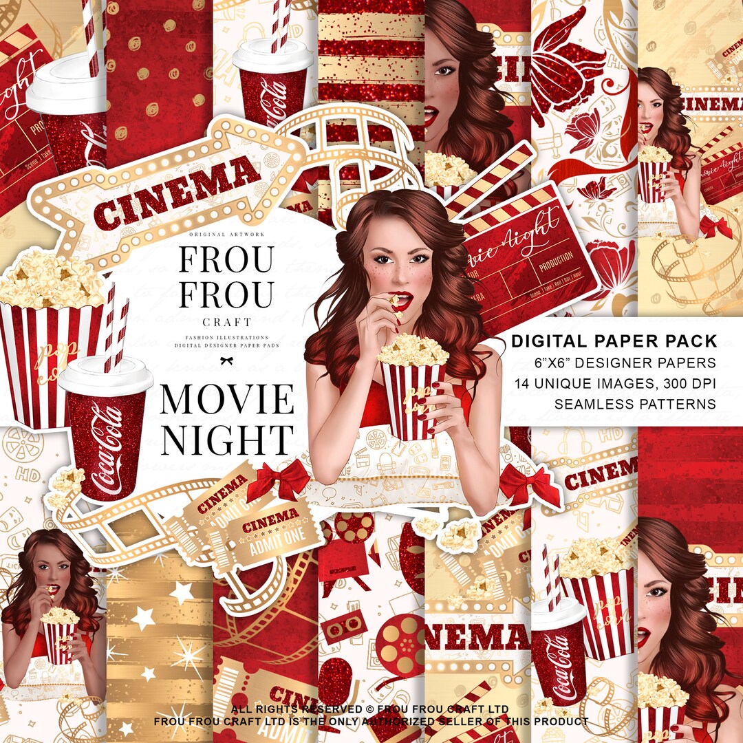 Movie Night Paper Pack, Hollywood Digital Paper Pack Cinema Designer ...