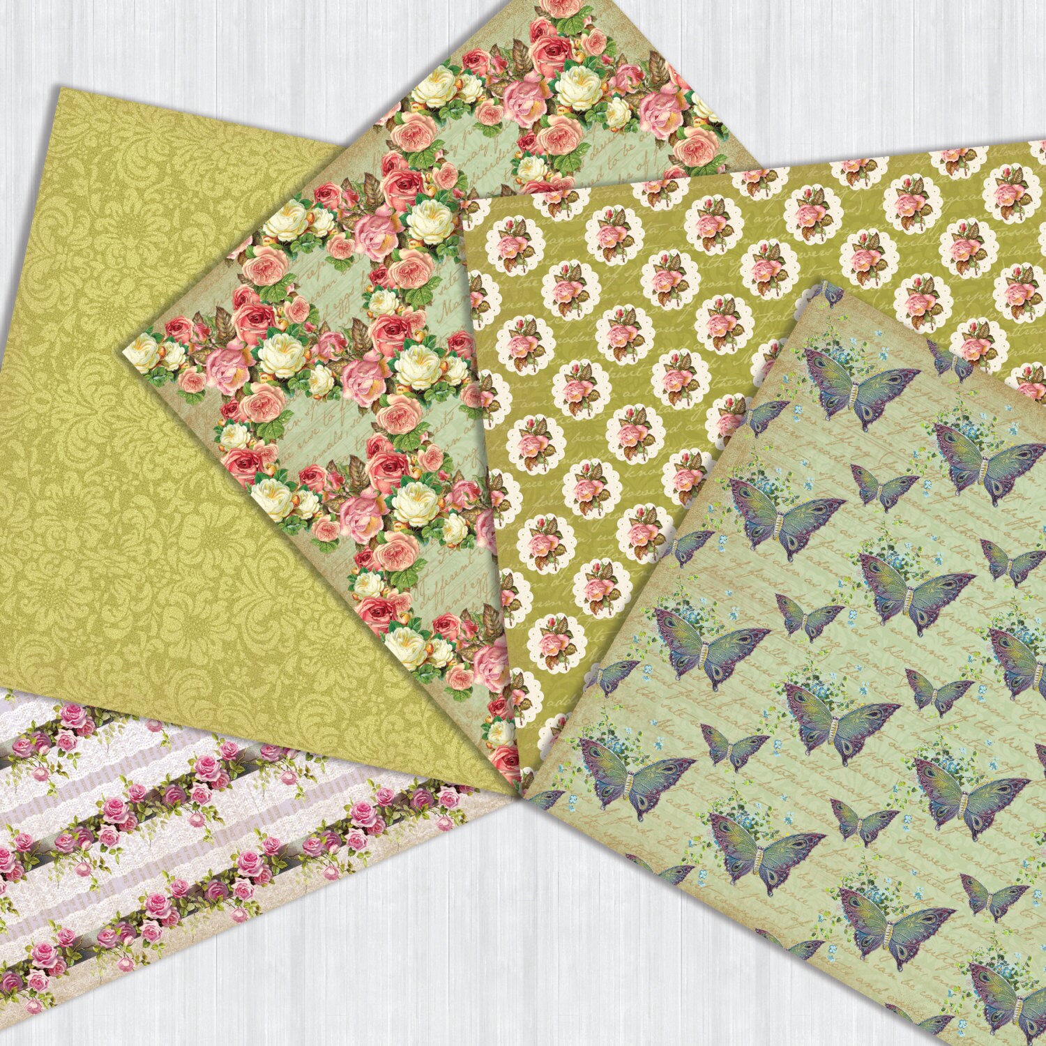 Green Rose Digital Paper Pack Instant Download Lace Flowers - Etsy