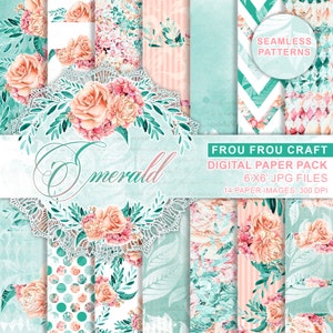 Watercolor Flowers Digital Paper Pack, Peach and Mint Flowers, Emerald ...