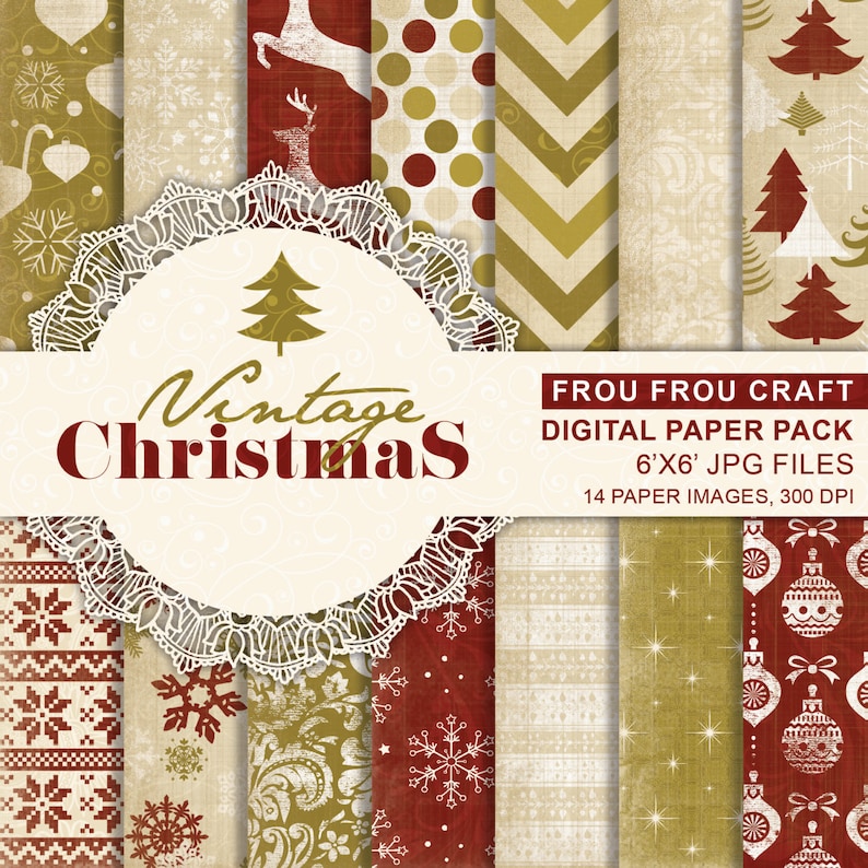 Vintage Christmas Digital Paper Pack Instant Download Red Bordeaux ...