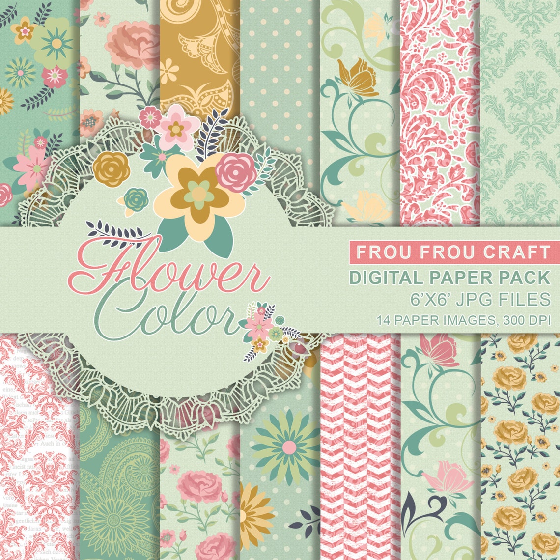 Colorful Flowers Digital Paper Pack Instant Download Pink Mint | Etsy