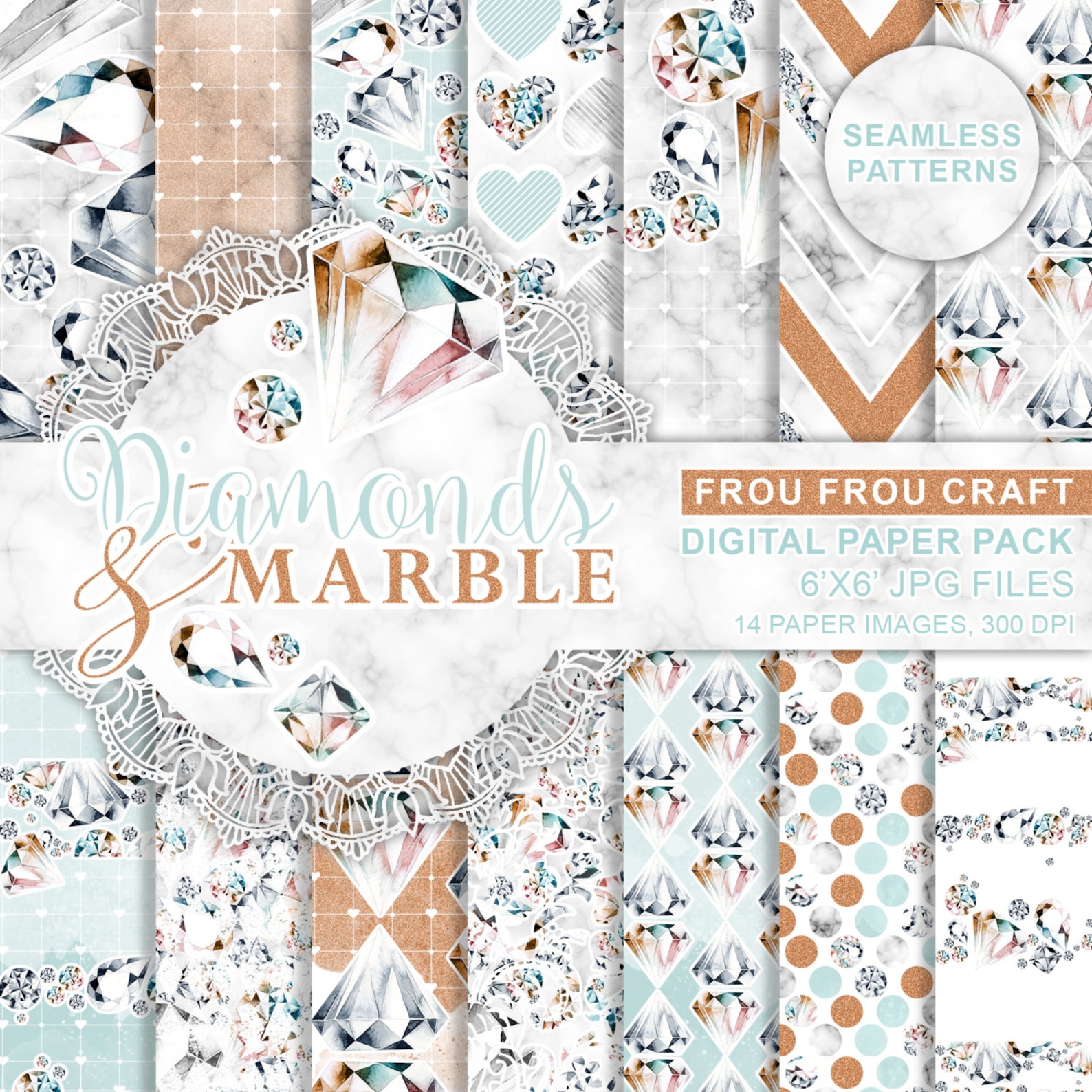 Crystal Marble Digital Paper Pack Watercolor Diamond Gems Crystals ...