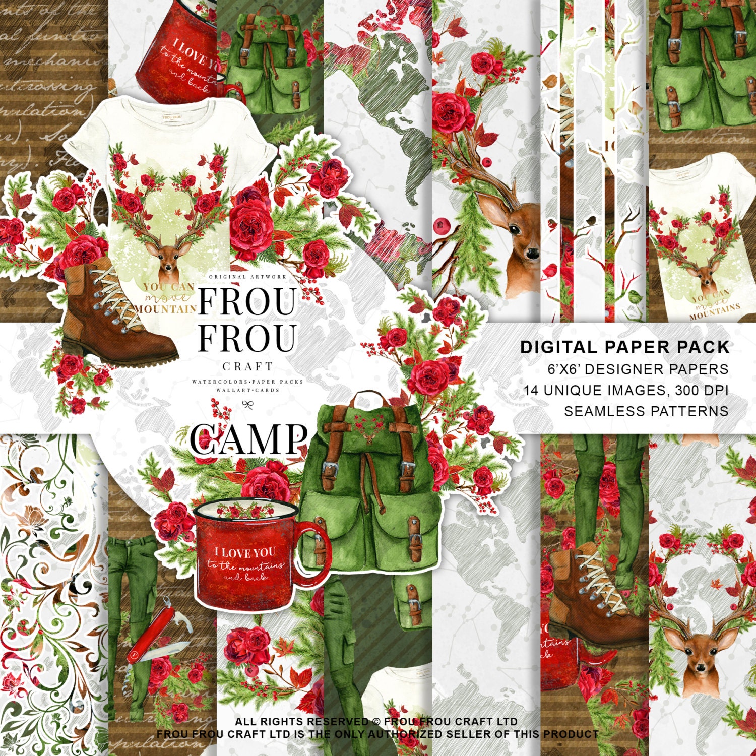 Camping Paper Pack Camp Scrapbook Papers Watercolor Digital Backgrounds ...
