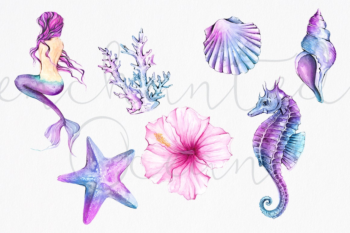 Mermaid Clipart Watercolor Sea Underwater Illustration - Etsy
