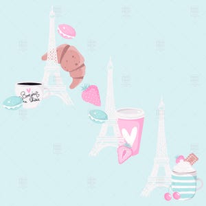 Paris Clipart, Coffee Clip Art, Eiffel Tower Decals, Cute Pastel ...