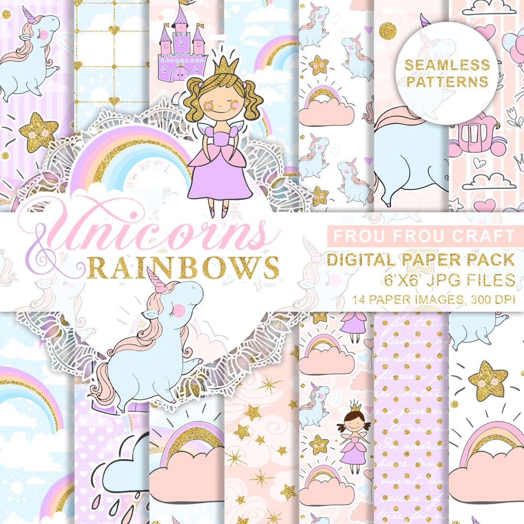 Unicorn Paper Pack, Princess Seamless Patterns, Pastel Nursery Baby ...