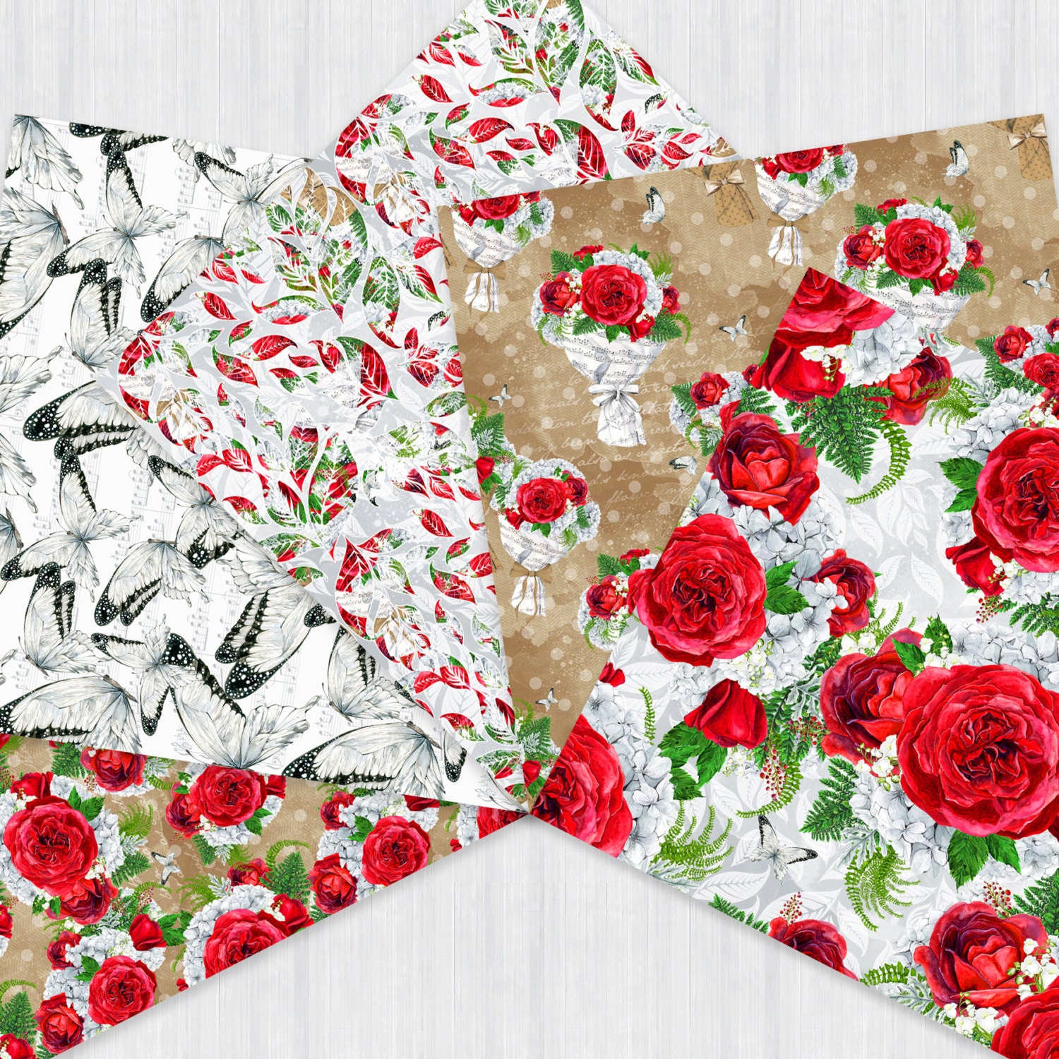 Valentine Paper Pack Red Roses Digital Backgrounds Watercolor Flowers ...