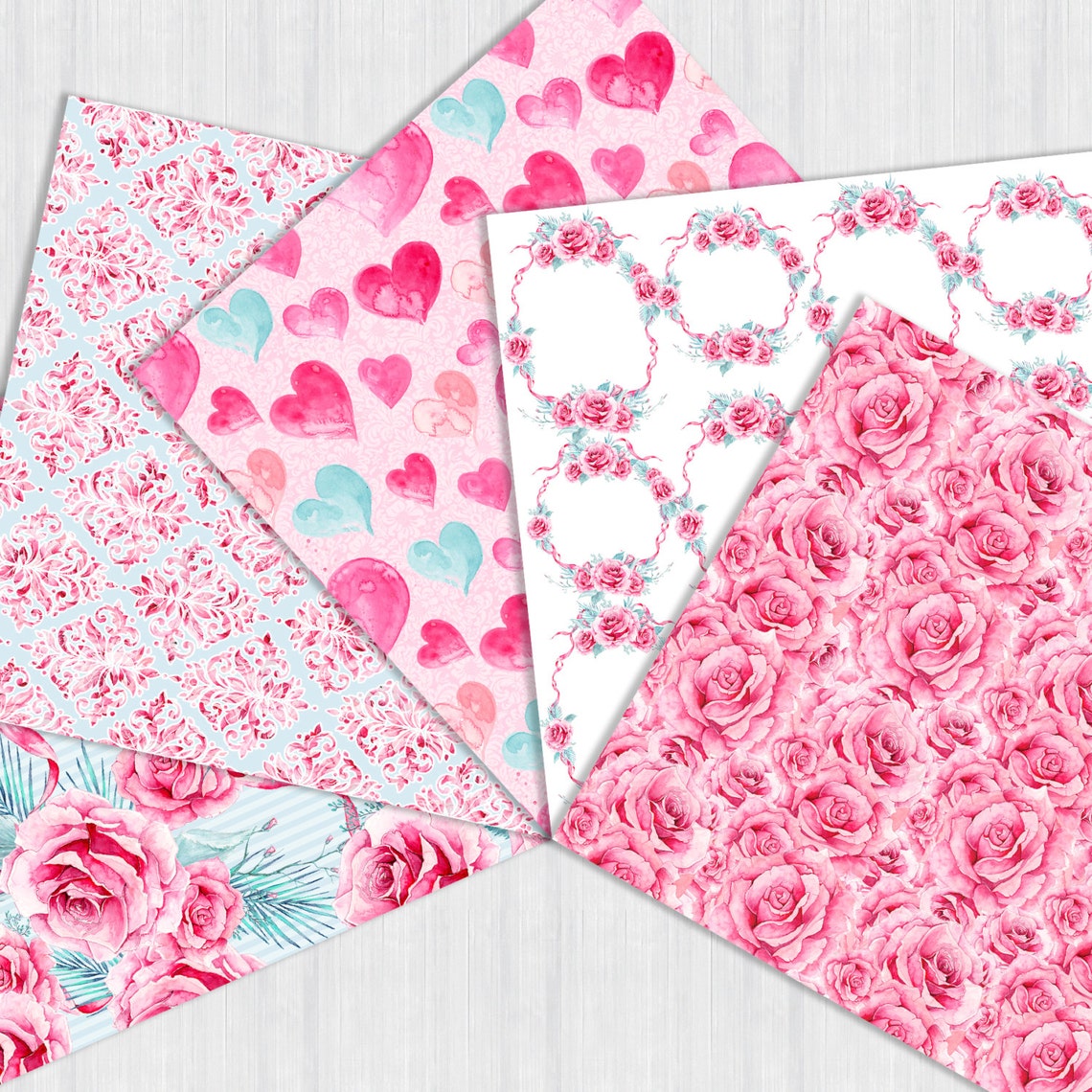 Pink Mint Roses Romantic Wedding Digital Watercolor Valentine | Etsy