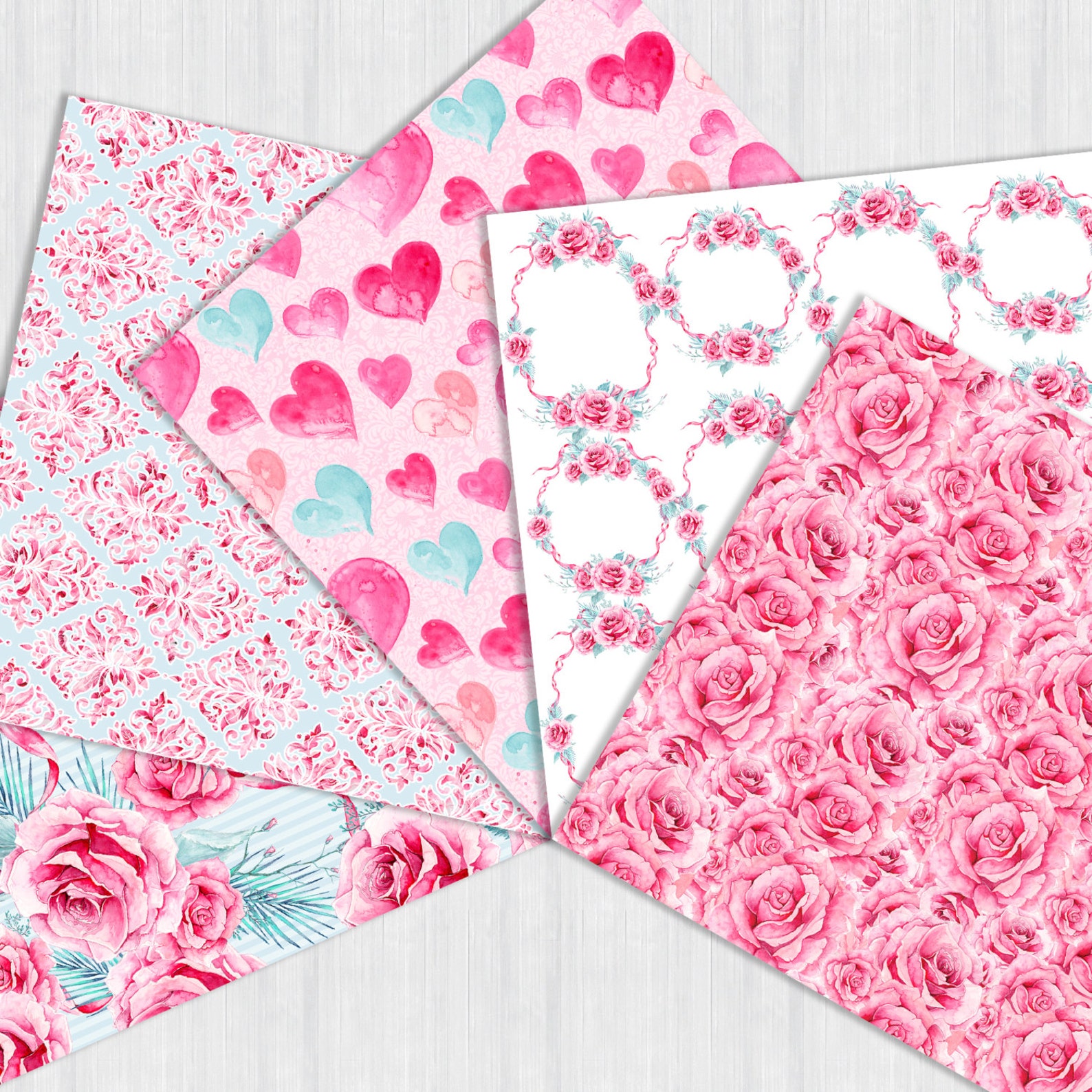 Pink Mint Roses Romantic Wedding Digital, Watercolor Valentine Love ...