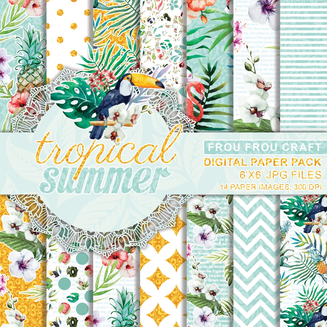 Tropical Summer Digital Paper Pack Instant Download Hawaii Blue Yellow ...
