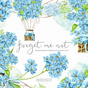 Forget Me Not Clipart Watercolor Flowers Handpainted Floral Blue Green ...