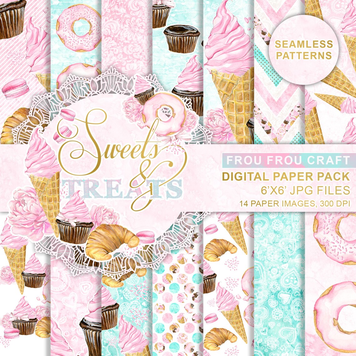 Bakery Digital Paper Pack Watercolor Desserts Seamless | Etsy