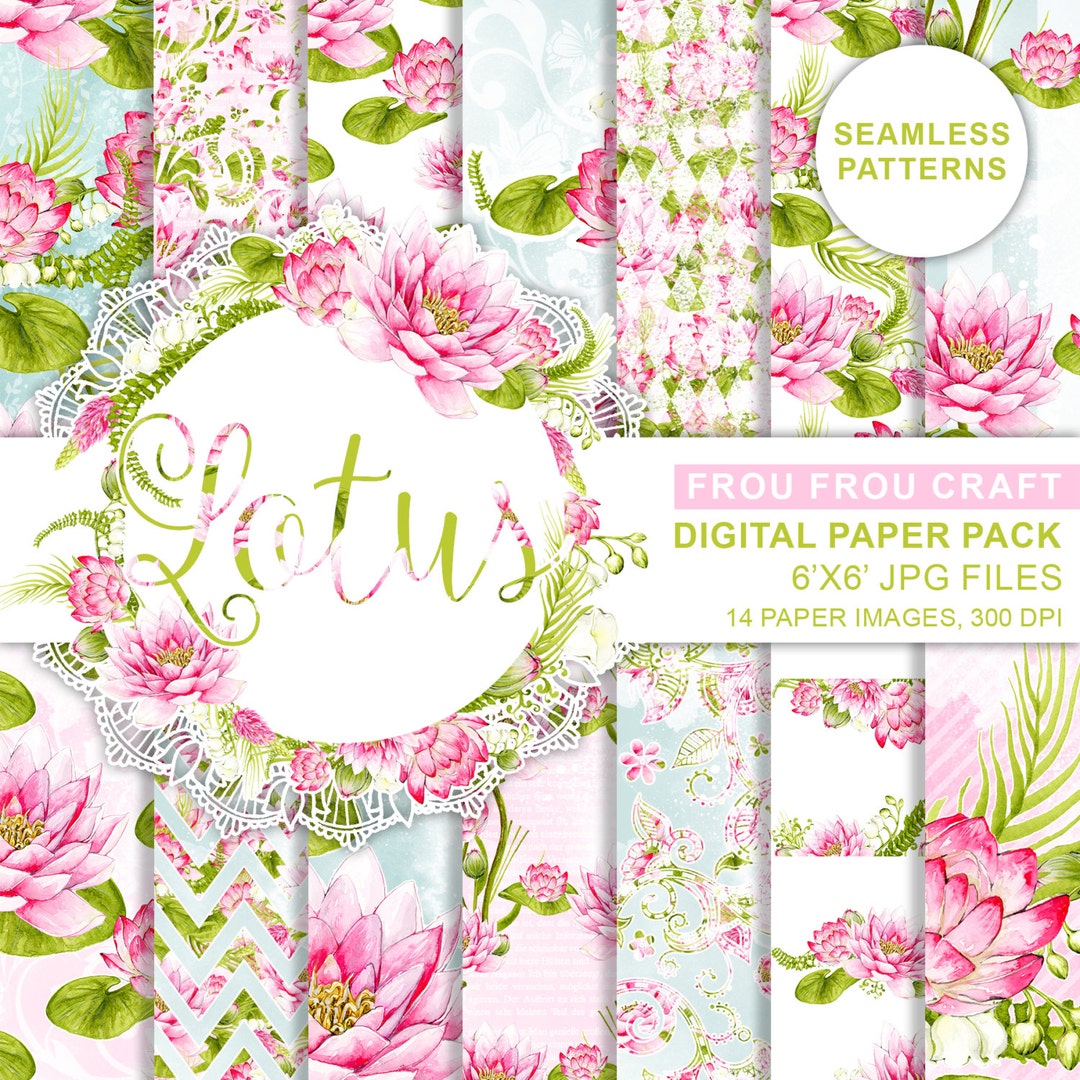 Lotus Digital Paper Pack Seamless Patterns Watercolor Flowers Yoga ...