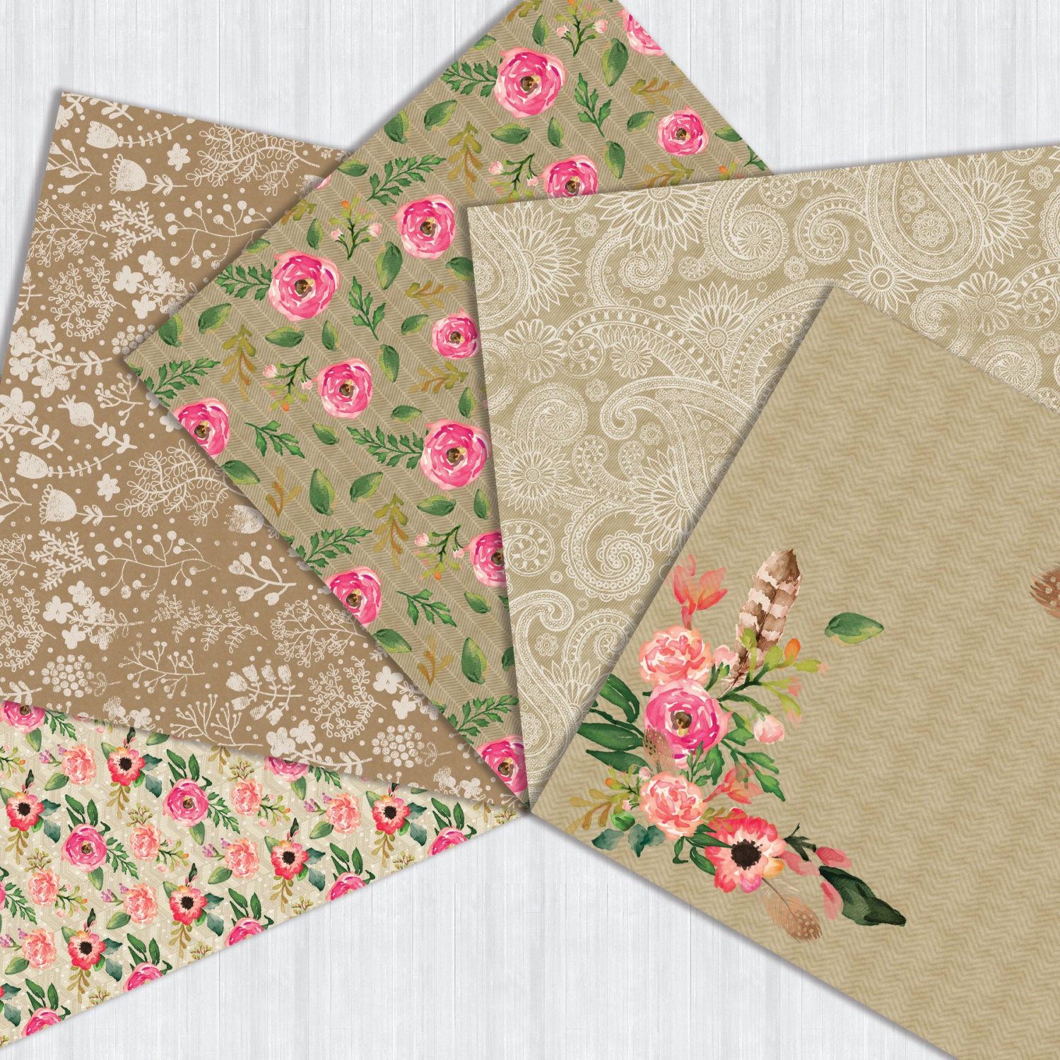 Watercolor Flowers Digital Paper Pack Instant Download Kraft | Etsy