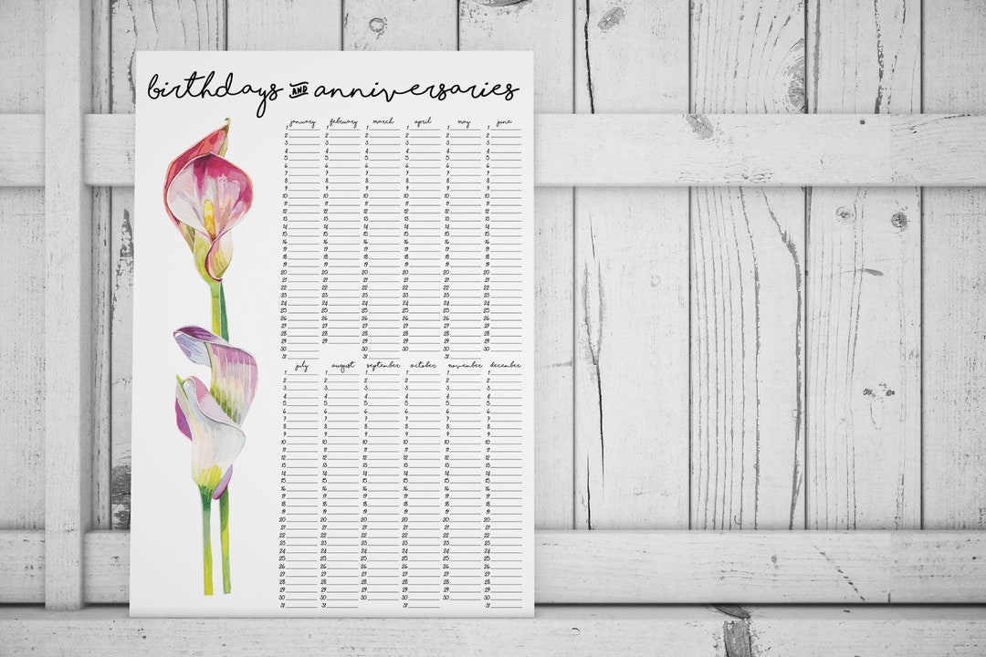 Perpetual Calendar Printable Birthday Calendar Floral Wall Calendar ...