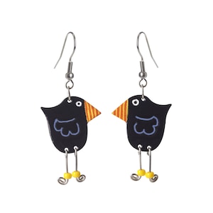 Funny Silly Earrings, Handpainted Enameled Stainless Steel Blackbird ...