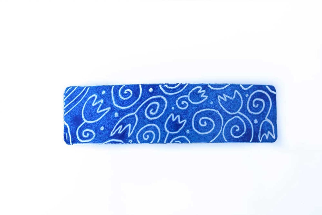 Hand Painted Stainless Steel Blue Hair Clip With Flowers and Spirals ...