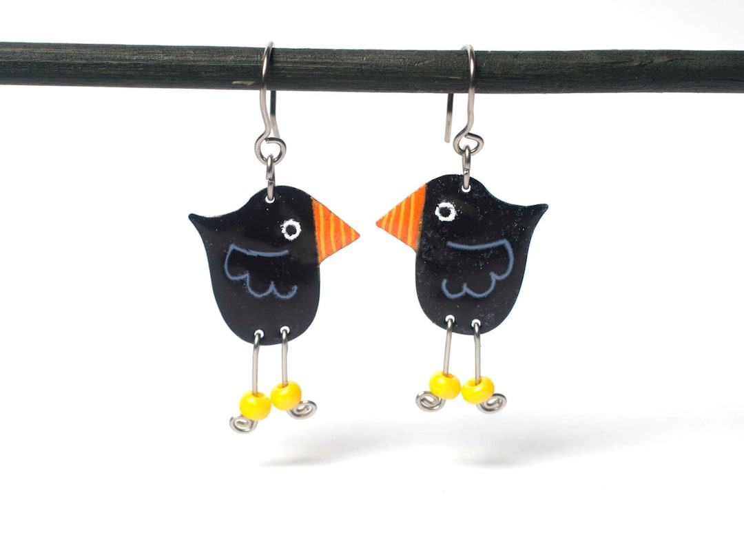 Funny Silly Earrings, Handpainted Enameled Stainless Steel Blackbird ...