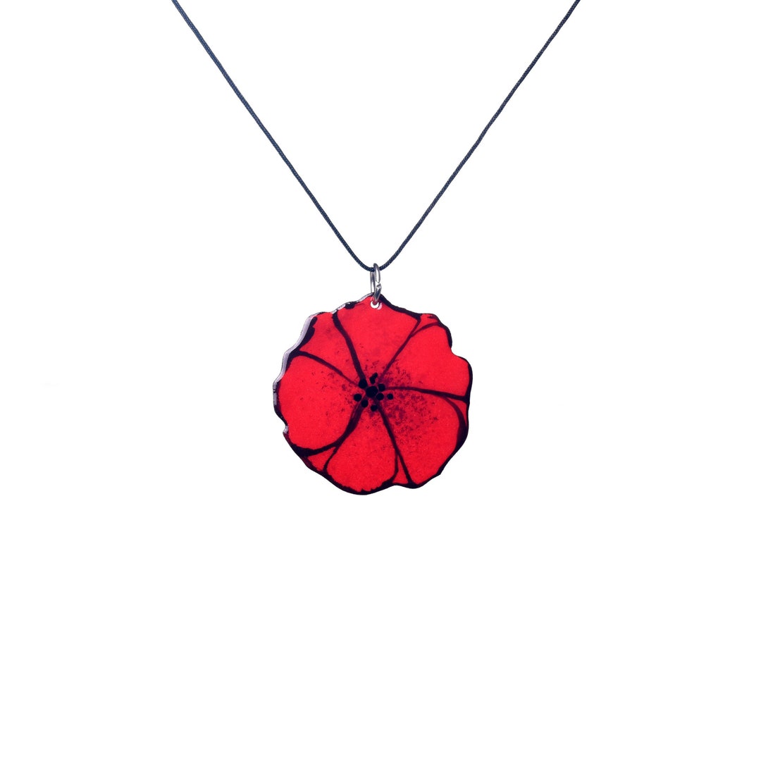 Poppy Necklace, Poppy Pendant, Illustrated Jewelry, Stainless Steel ...