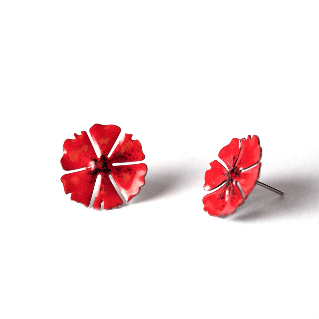 Poppy Earrings, Enameled Stainless Steel, Red Earrings, Flower Earrings ...
