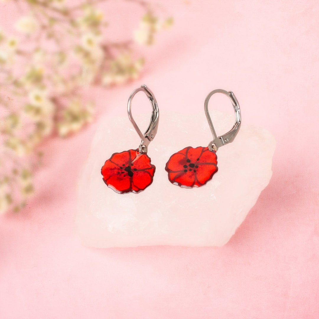 Red Poppy Earrings for Women and Girls, Hand Painted Earrings, Enamel ...