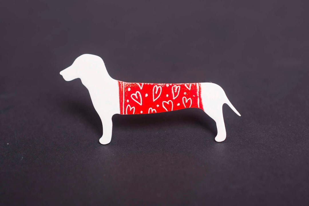 Handpainted Red and White Dachshund Pin, Dog in Red Trousers With Heart ...