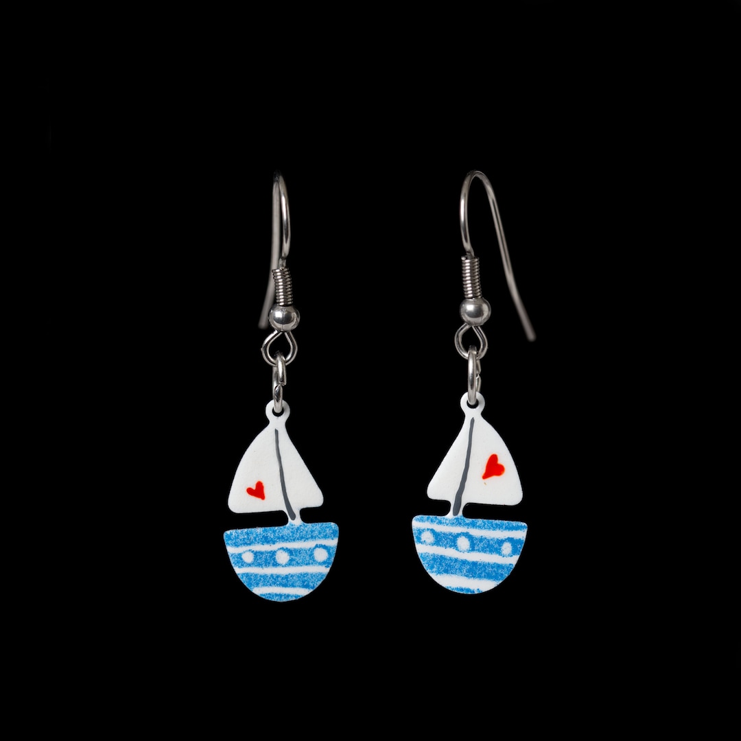 Handpainted Blue Boat Earrings With Blue Stripes, Marine Earrings, Ship ...