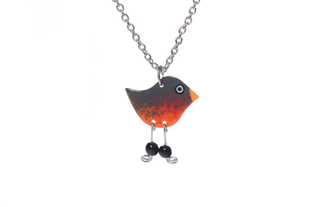 Hand-painted Robin Necklace, Dangle Necklace, Enameled Stainless Steel ...