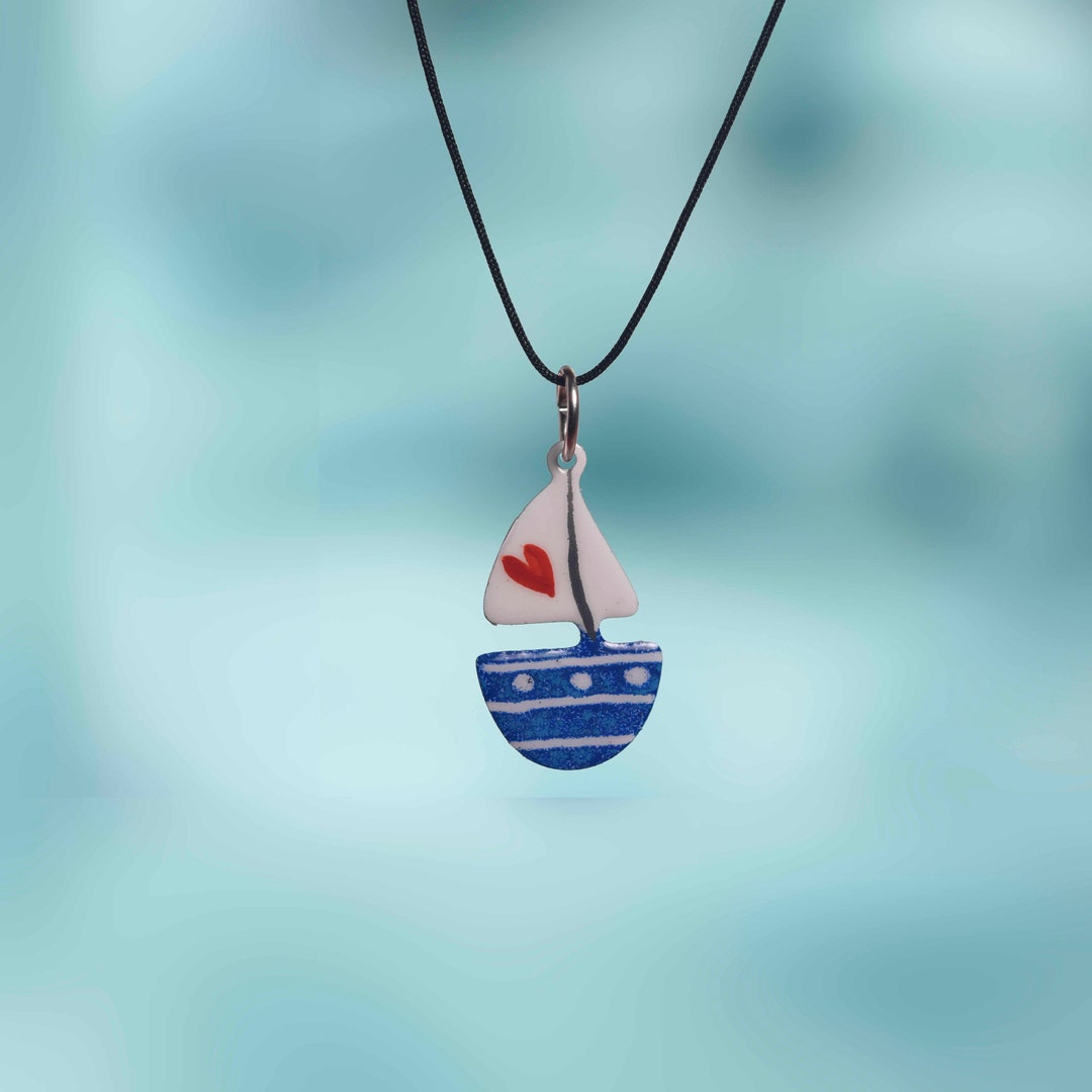 Handpainted Blue Boat Pendant, Marine Necklace, Ship Pendant, Stainless ...