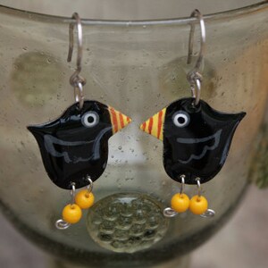 Funny Silly Earrings, Handpainted Enameled Stainless Steel Blackbird ...