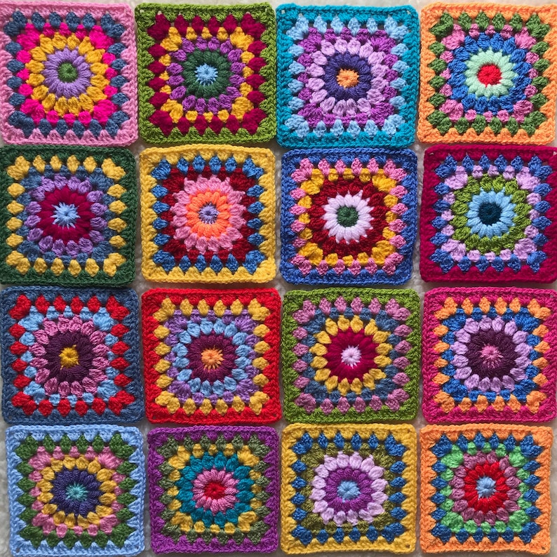 Crochet Granny Squares Sunburst {multi Coloured 12cm X 12cm} Set of 8 ...
