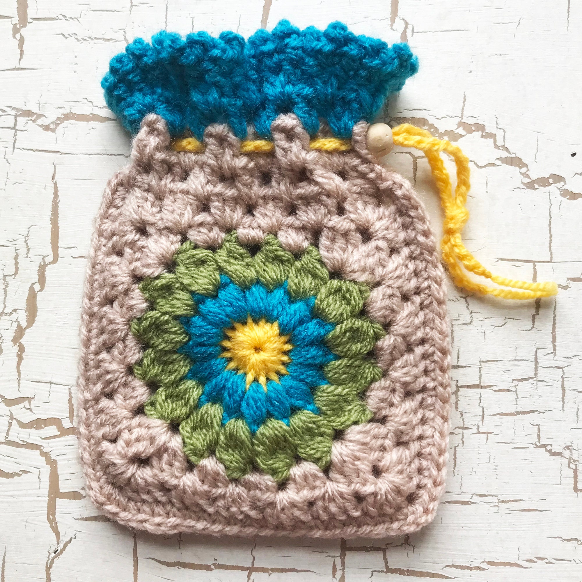 Crochet Granny Square Drawstring Bag / Pouch "sunburst" - Etsy
