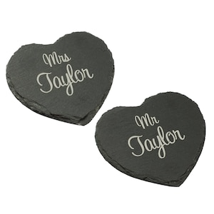 Personalised Slate Heart Drink Coasters. Set of 2 Mr & Mrs Place Mats ...