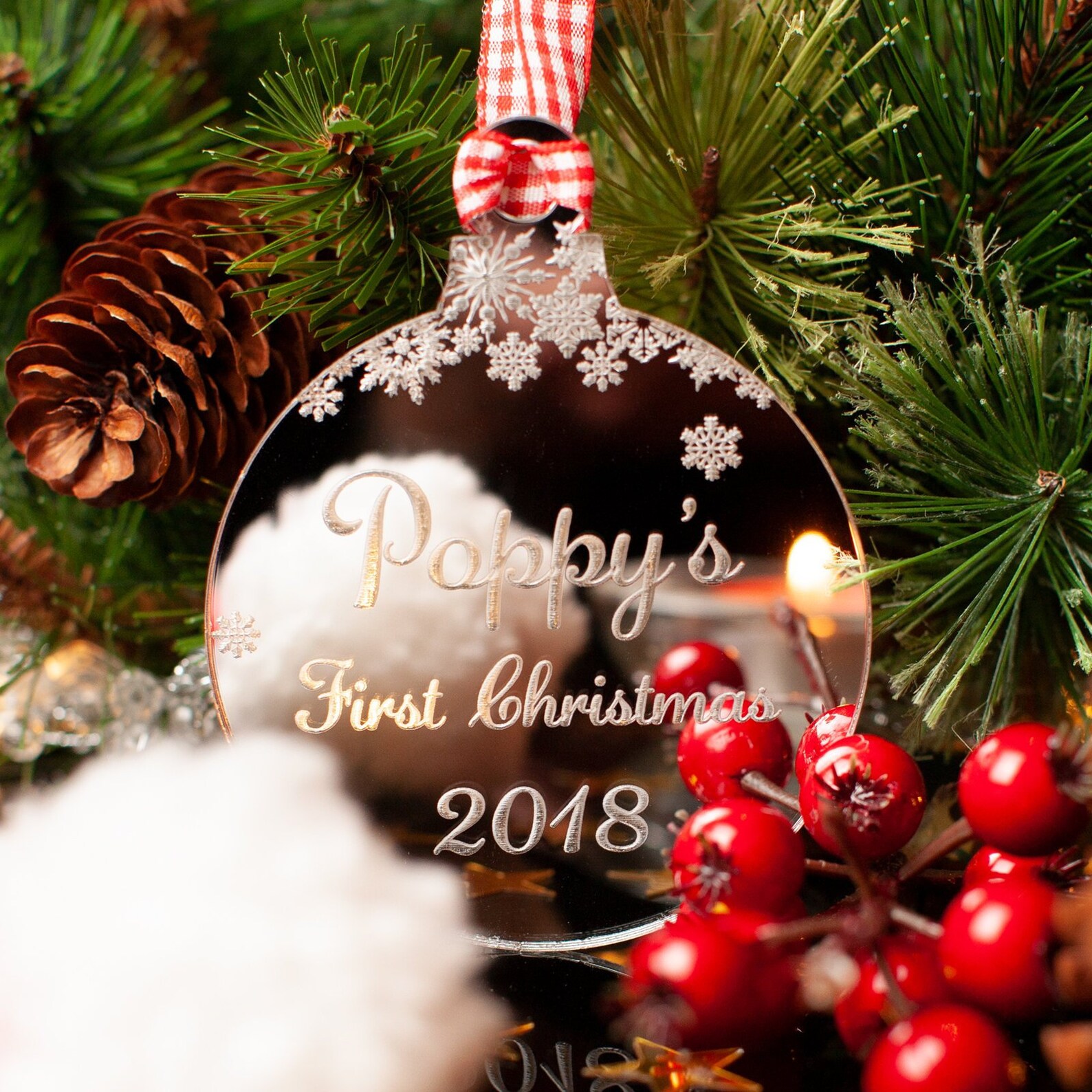 Baby's First Christmas Bauble. Personalised Mirrored - Etsy UK