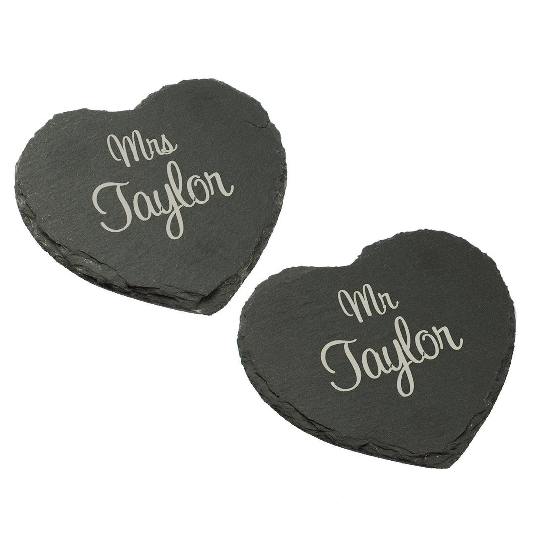 Personalised Slate Heart Drink Coasters. Set of 2 Mr & Mrs Place Mats ...