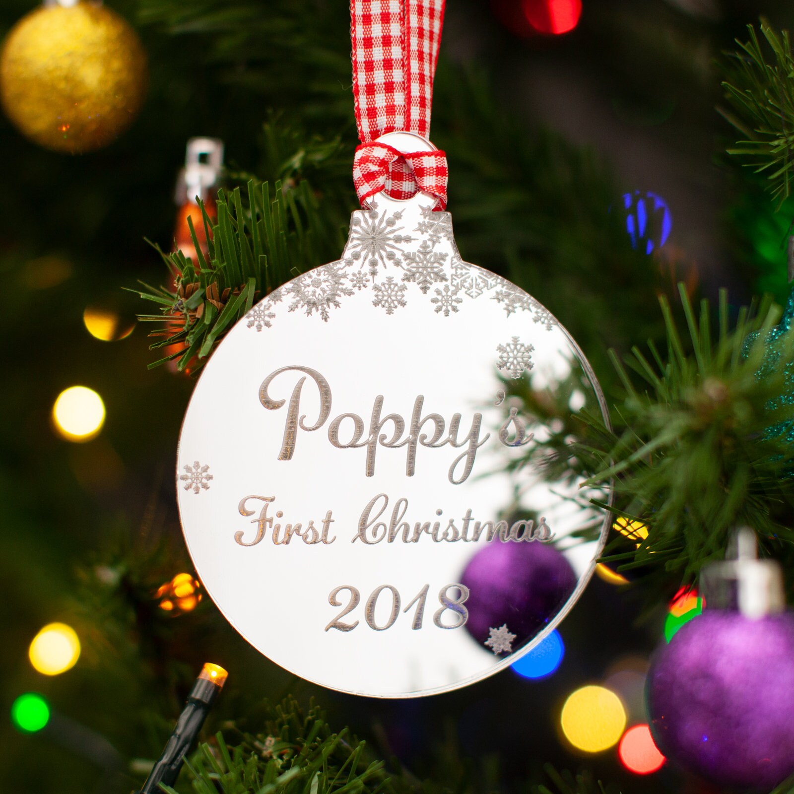 Baby's First Christmas Bauble. Personalised Mirrored - Etsy UK