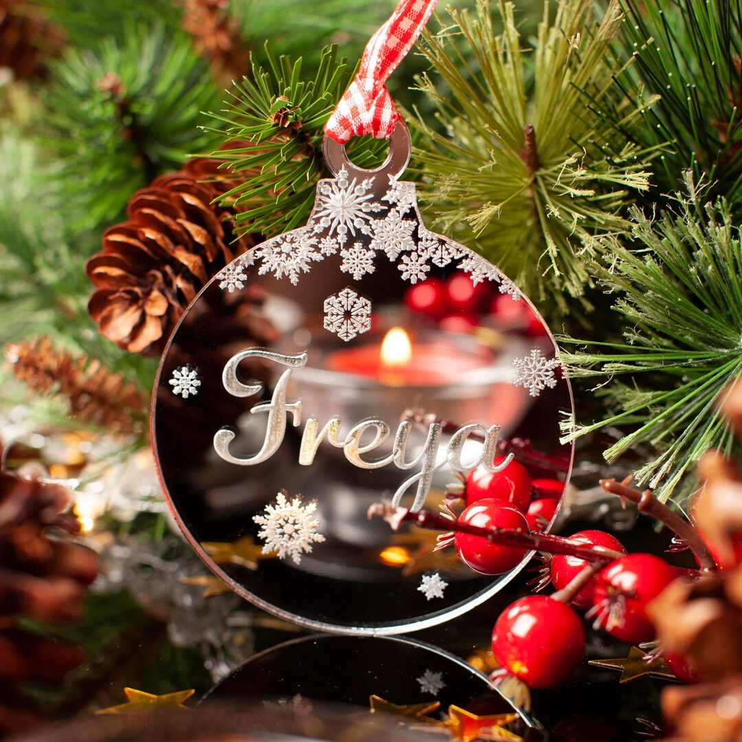Personalised Christmas Tree Decoration, Mirrored Acrylic. Engraved Name ...