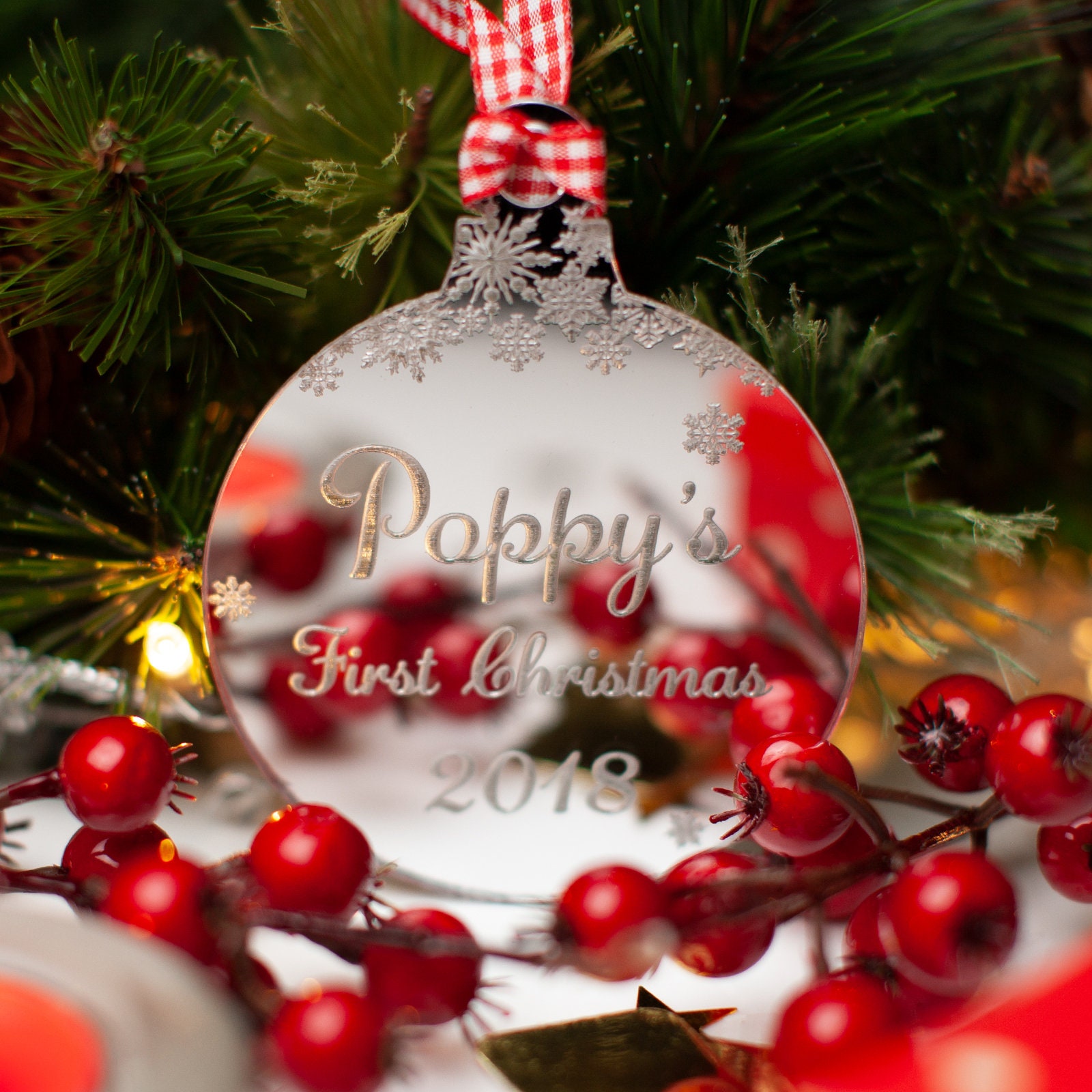 Baby's First Christmas Bauble. Personalised Mirrored - Etsy UK