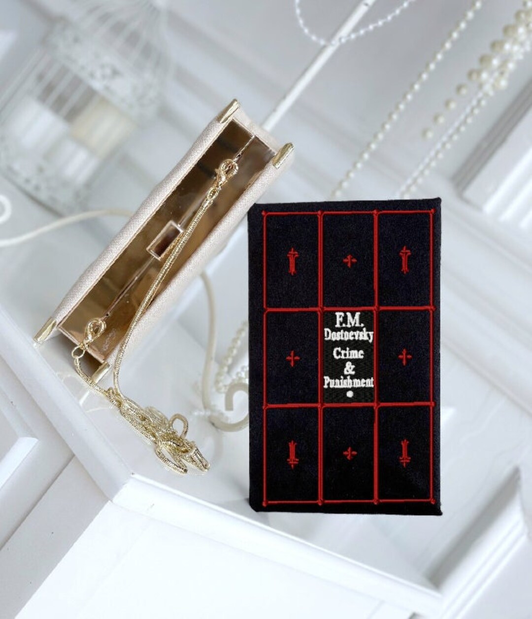 Embroider Book Clutch Purse, Black and Red Velvet Handbag, Novelty Bag ...