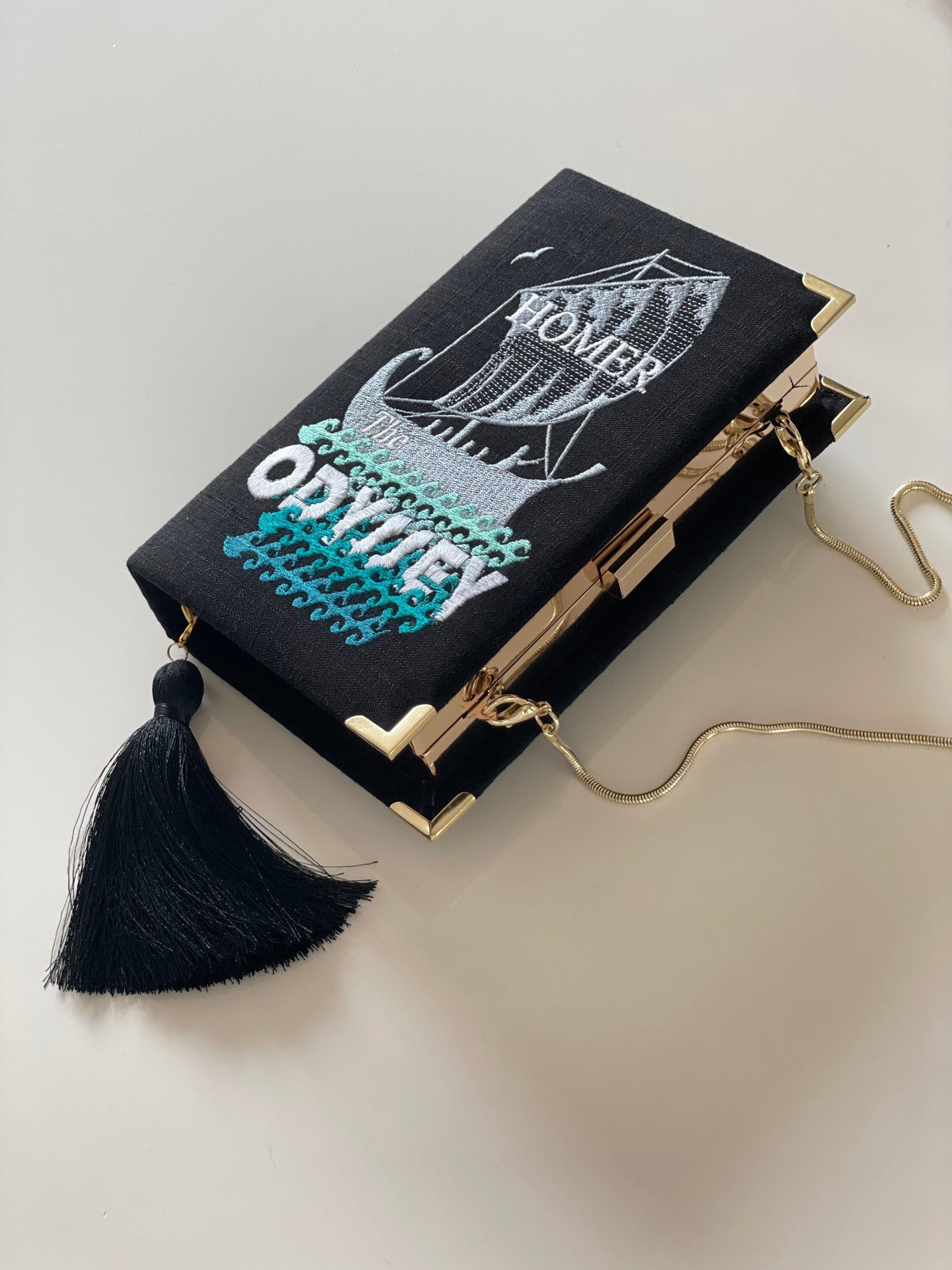 Book Clutch Purse, Embroidered Novelty Bag, Crossbody, Black Shoulder ...