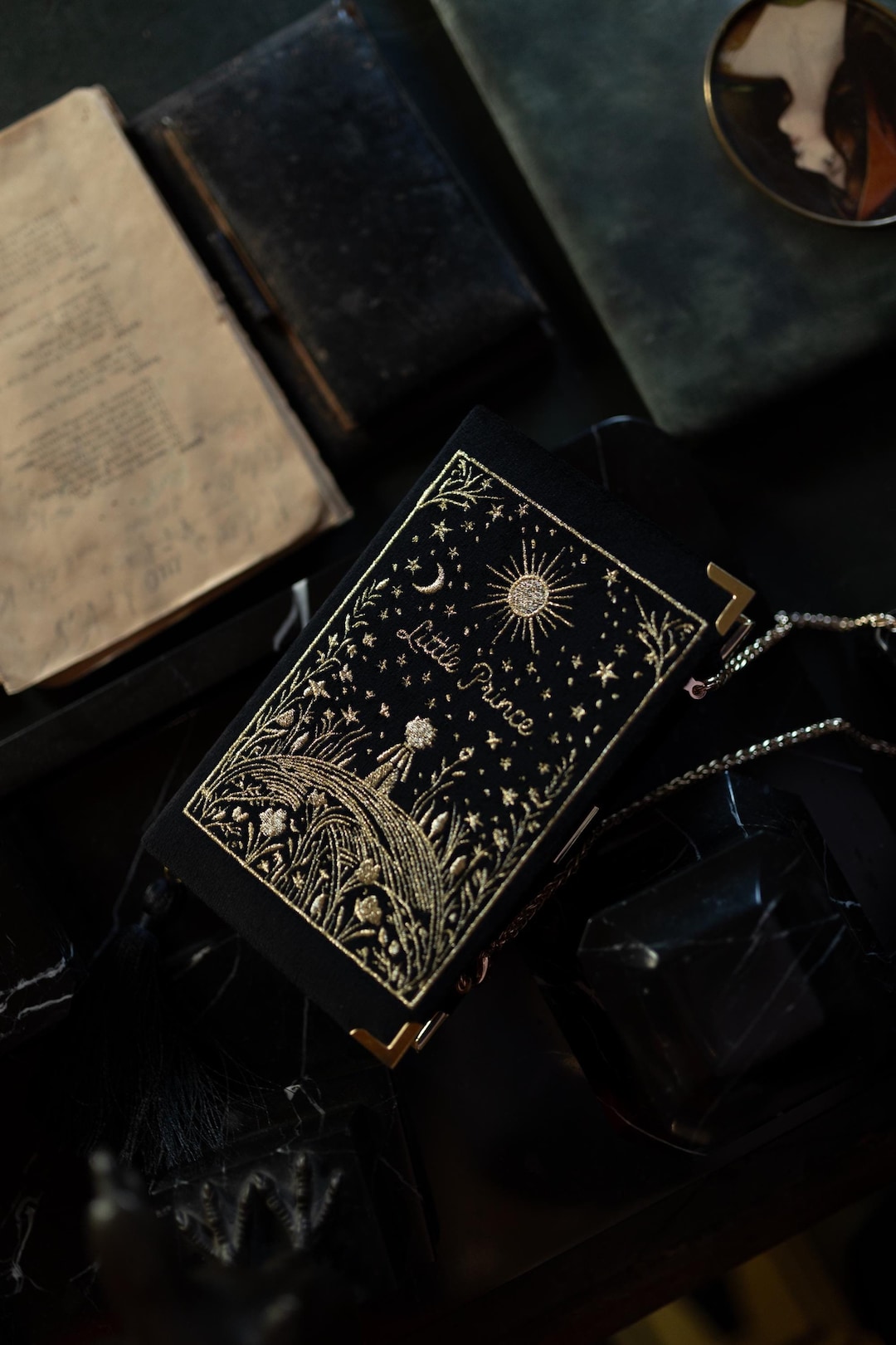 Little Prince, Embroidered Book Bag Clutch, Black Velvet Gold Evening ...