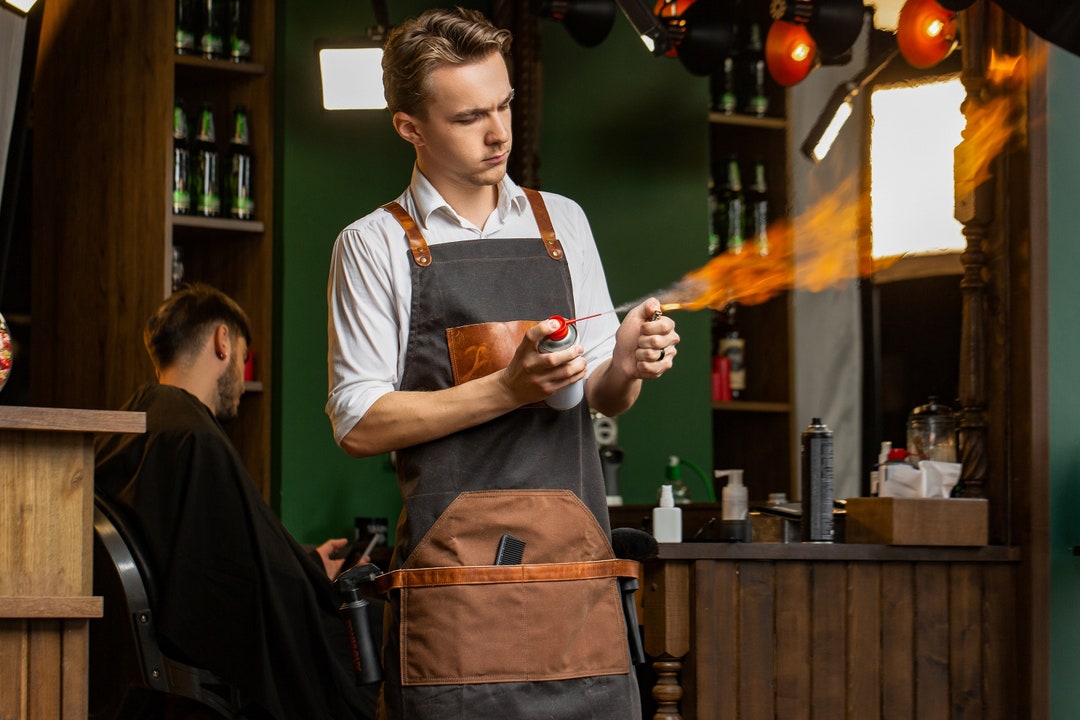 Waxed Canvas Barber Apron, Leather Details, Personalized Gift - Etsy