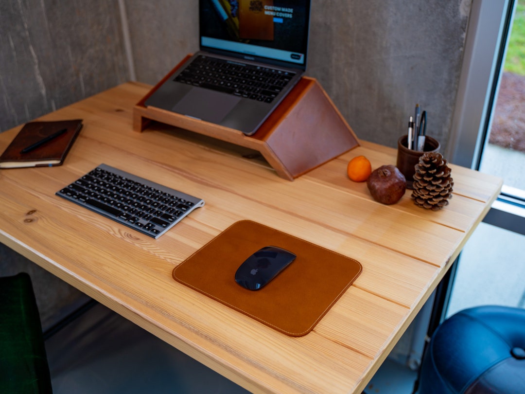 Natural Leather Mouse Pad, Rose Gold Silver Initials, Full Grain ...