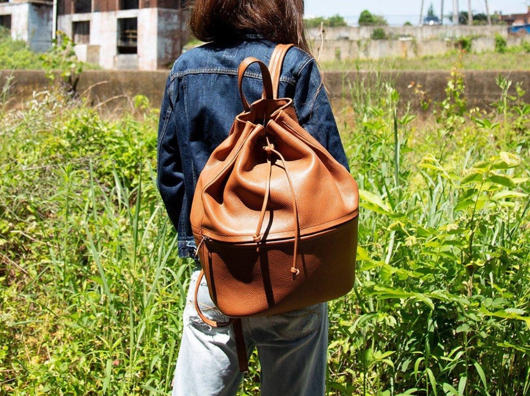 Brown Leather Backpack With Drawstring Closure / Drawstring Bag With a ...