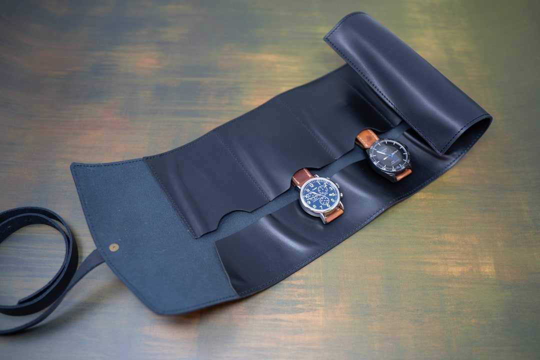 Travel Watch Case, Black Leather Personalized Watch Roll, Watch Travel ...