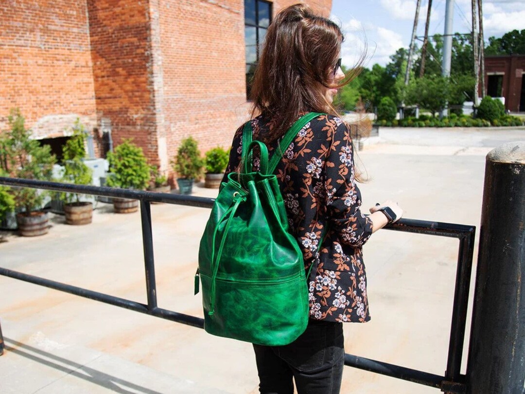 Green Leather Backpack With Drawstring Closure, Everyday Leather Bag ...
