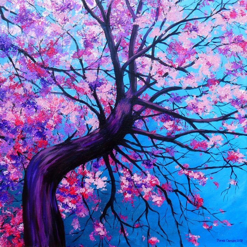 Cherry Tree Print, Blossom Tree, Blues and Pinks, Giclée Print (LE 100 ...