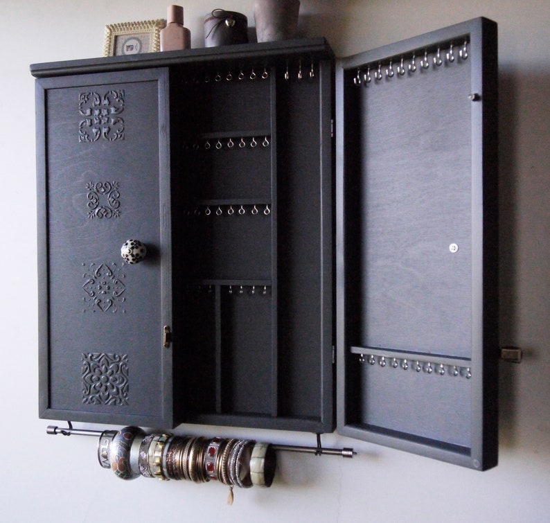 Jewelry Cabinet/ Armoire/ Large Earrings Cabinet With Shelf/ GRAY PAINT ...