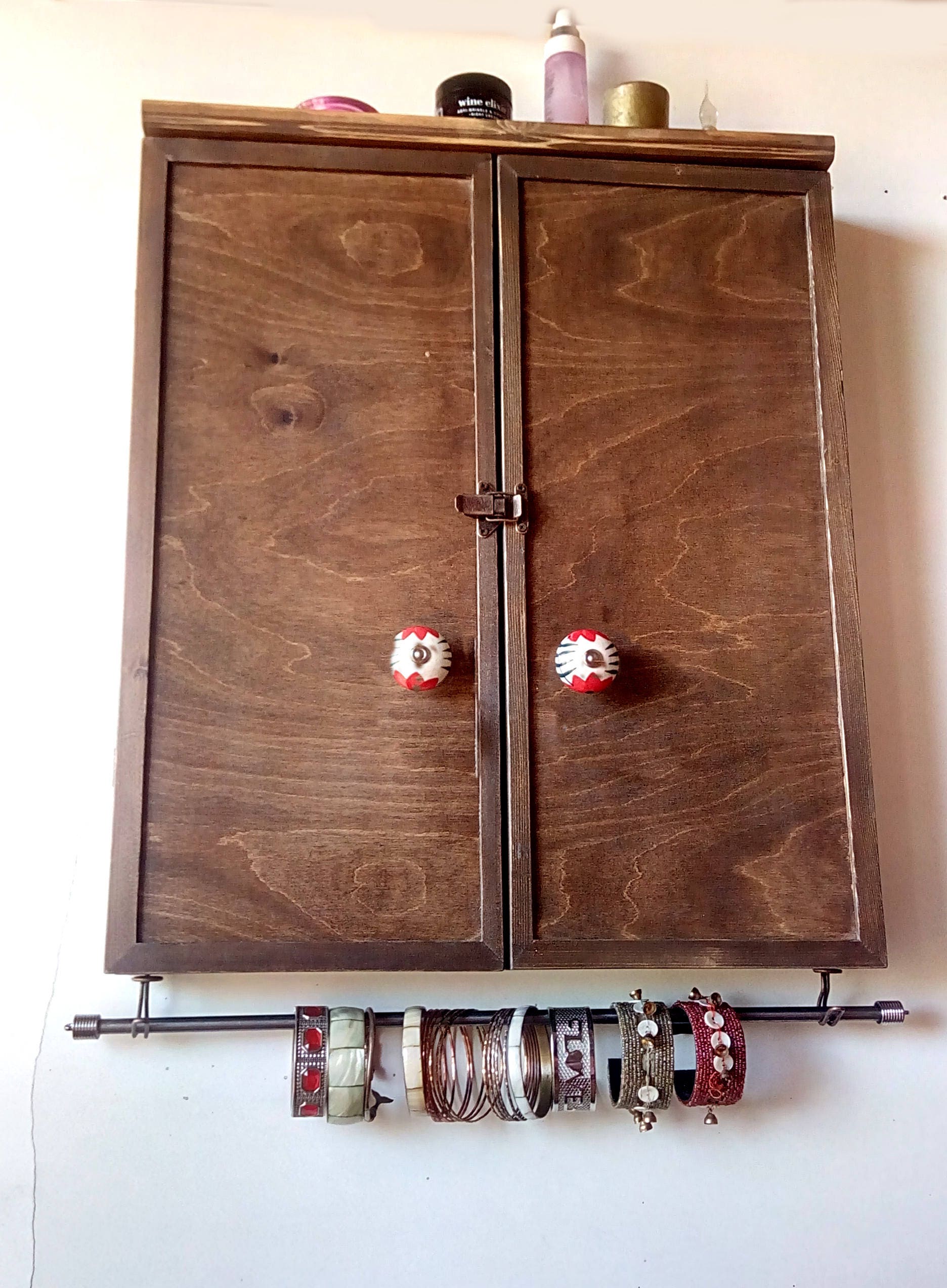 Jewelry Cabinet. Large Earrings Closet With Shelf. Dark WALNUT Wooden ...